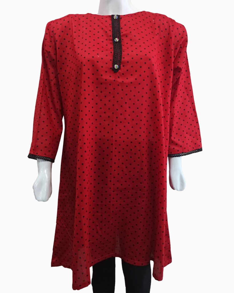 Red Square Dot Pattern Lawn Frock - Zamani.pk