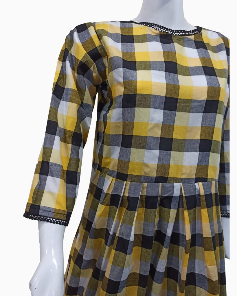 Yellow & Black Check Design Kurti / Shirt - Zamani.pk